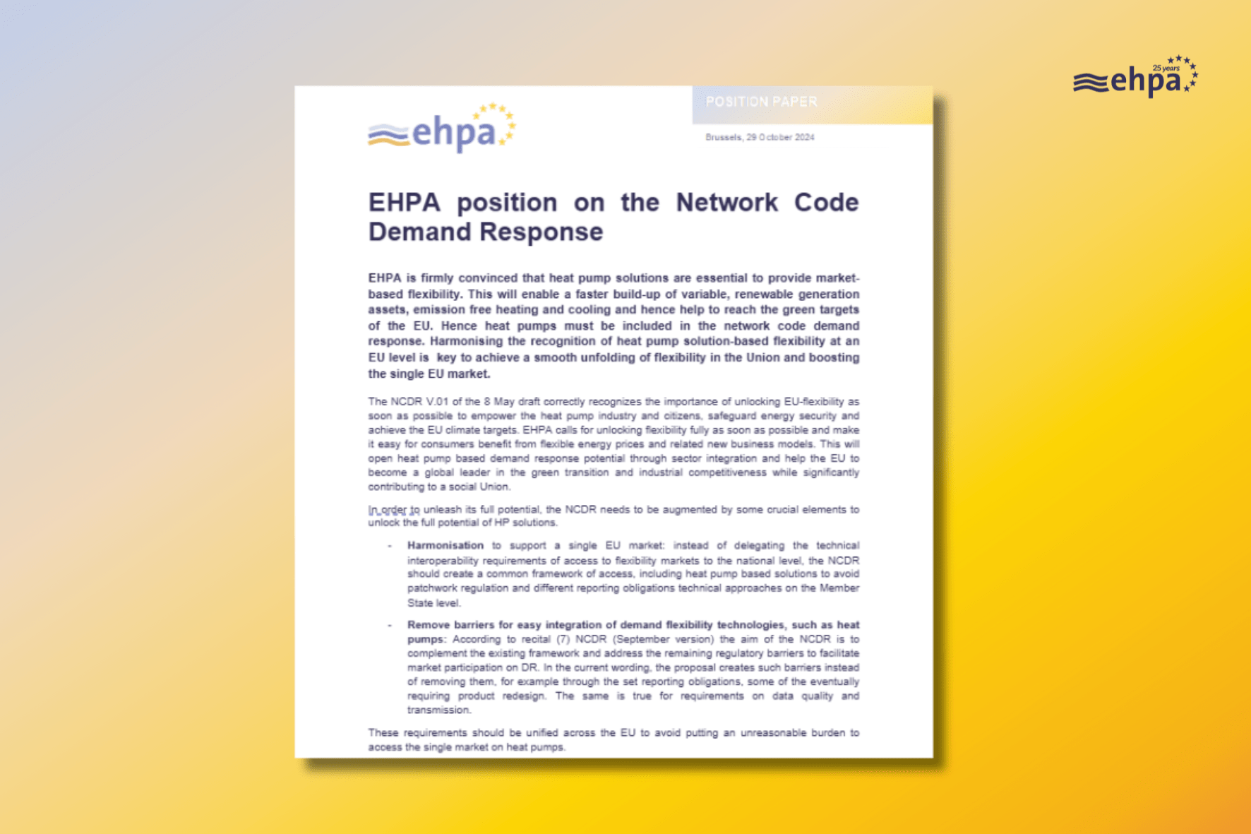 Network Code Demand Response - EHPA position - European Heat Pump ...
